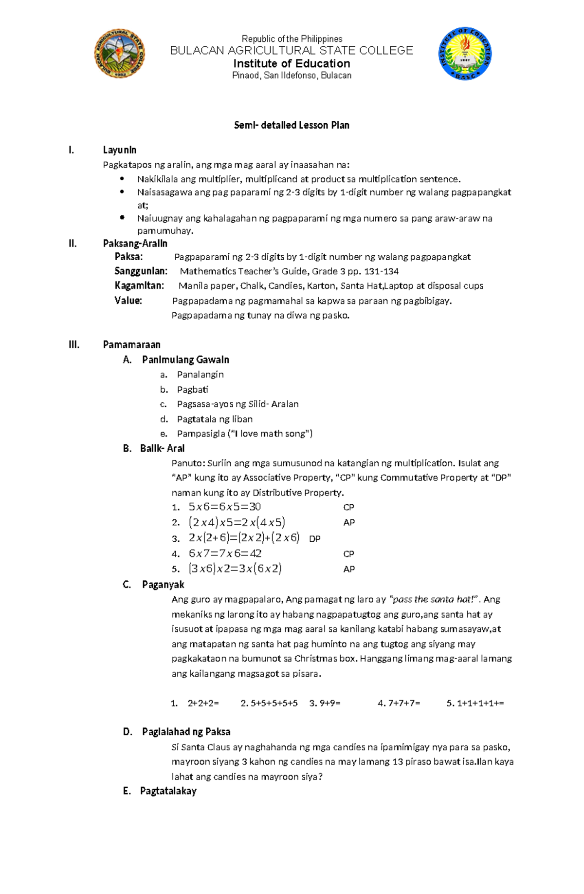 Semi-Detailed Lesson Plan on Multiplication for Grade 3 (EDU 101) - Studocu