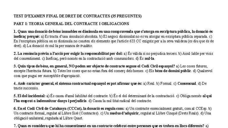 TEST FINAL DE DRET DE CONTRACTES (35 PREGUNTES) - PART I I II - Studocu