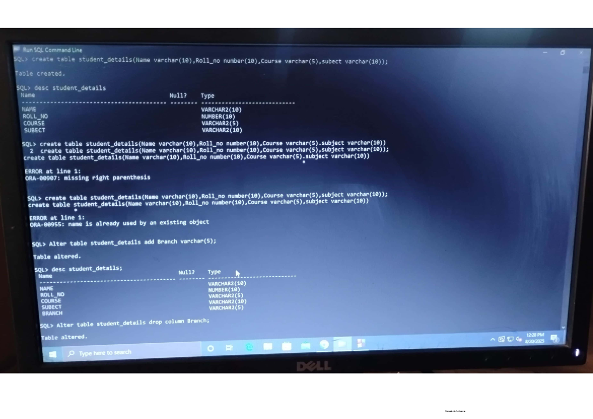 DBMS LAB 1: DDL Commands for Student Details (20-08-25) - Studocu