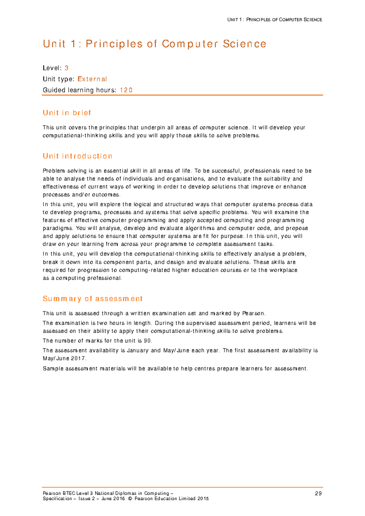 U1: Principles of Computer Science - Level 3 Overview and Assessment ...