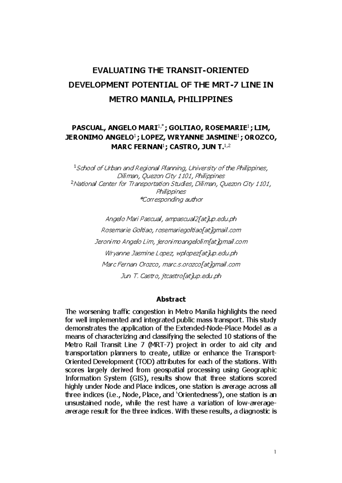 Evaluating TOD Potential of MRT-7 Line in Metro Manila, Philippines ...
