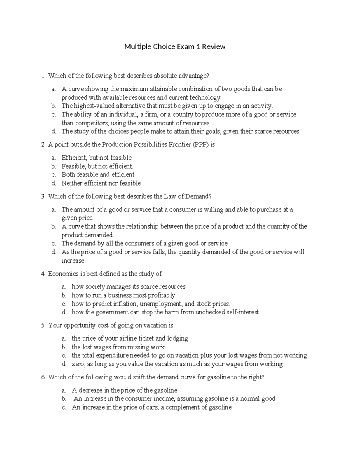 MC Exam 1 Review: Key Concepts and Practice Questions - Studocu