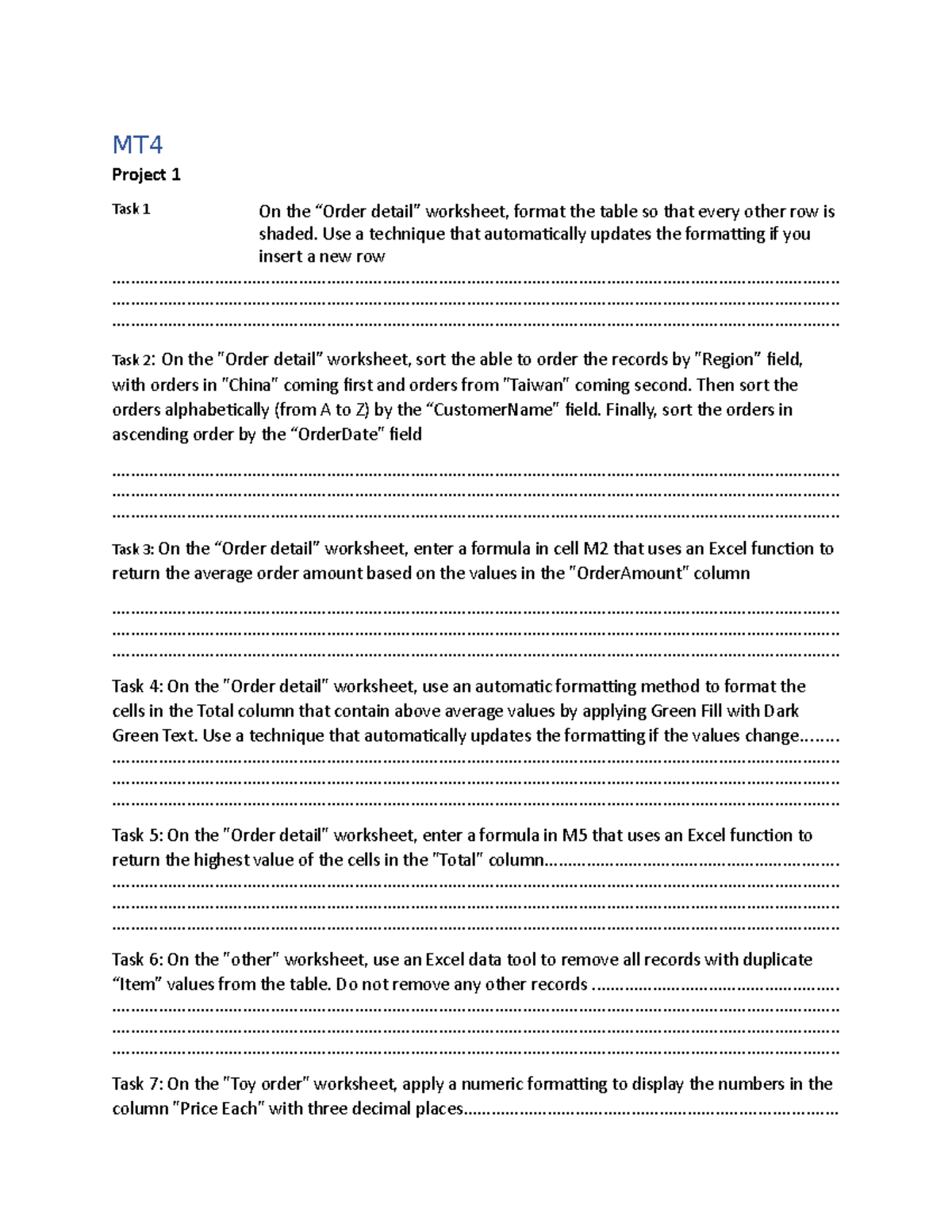 MT Project Tasks Review and Worksheet Formatting Guide - Studocu