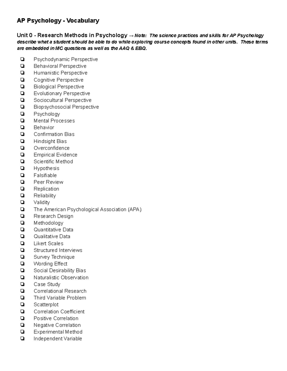 AP Psychology - Unit 0 Vocabulary Review: Research Methods (2025) - Studocu