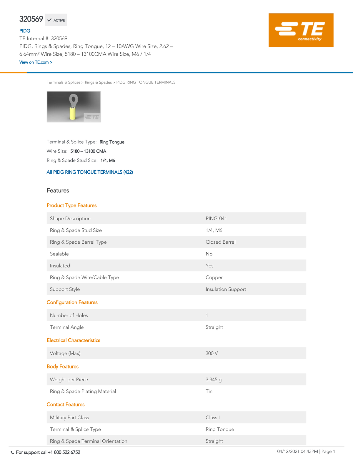 PIDG Ring Tongue Terminal Specifications - 3208161 Guide - Studocu