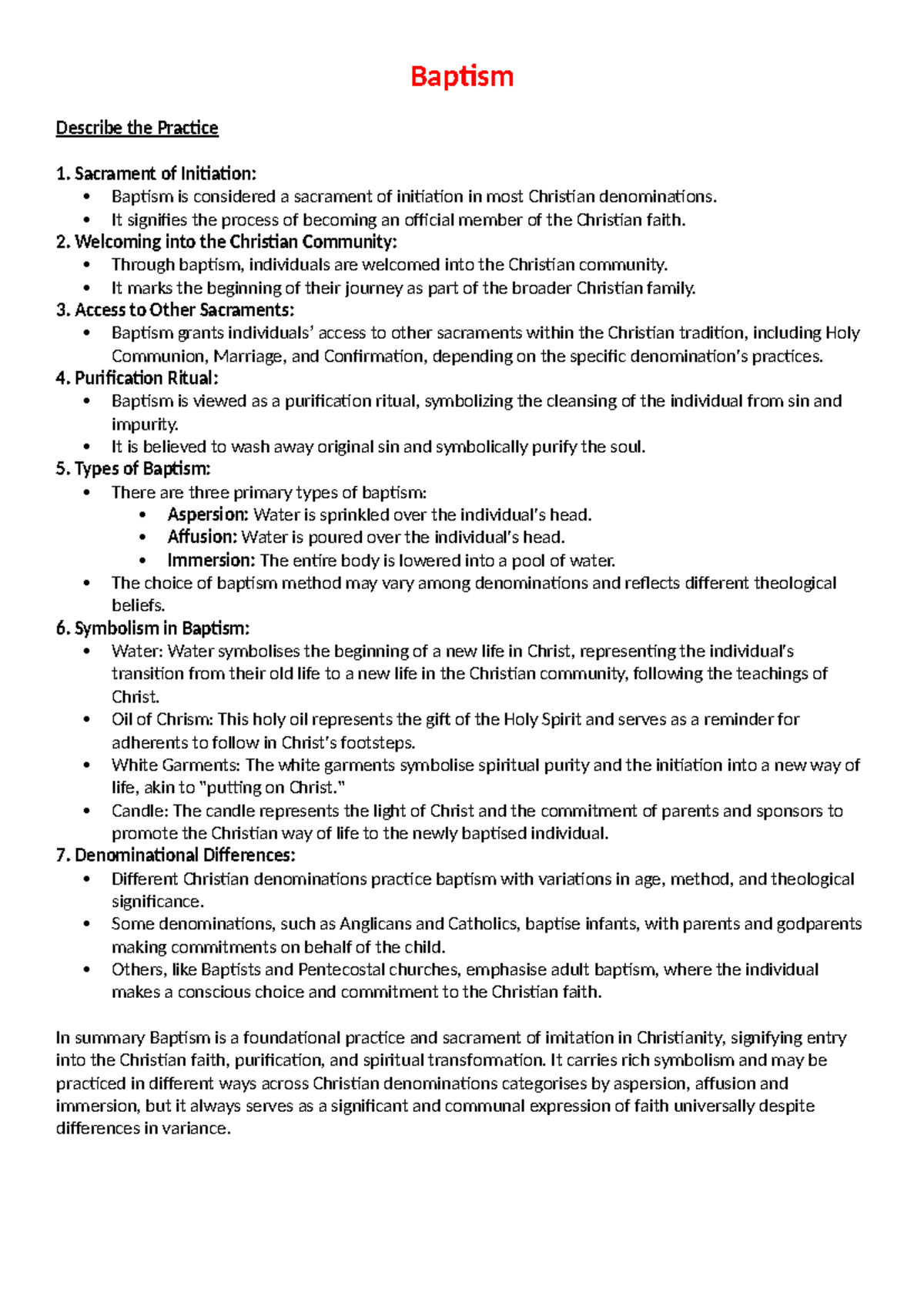 Baptism - Comprehensive Study Notes on Christian Sacrament - Studocu