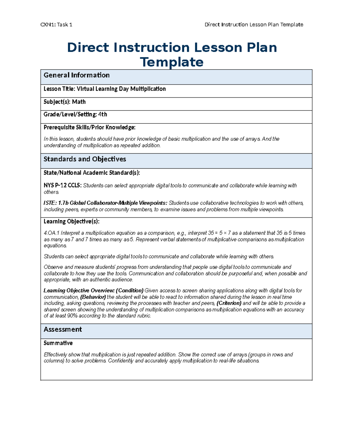 CXN1: Task 1 Direct Instruction Lesson Plan for Virtual Learning Day ...