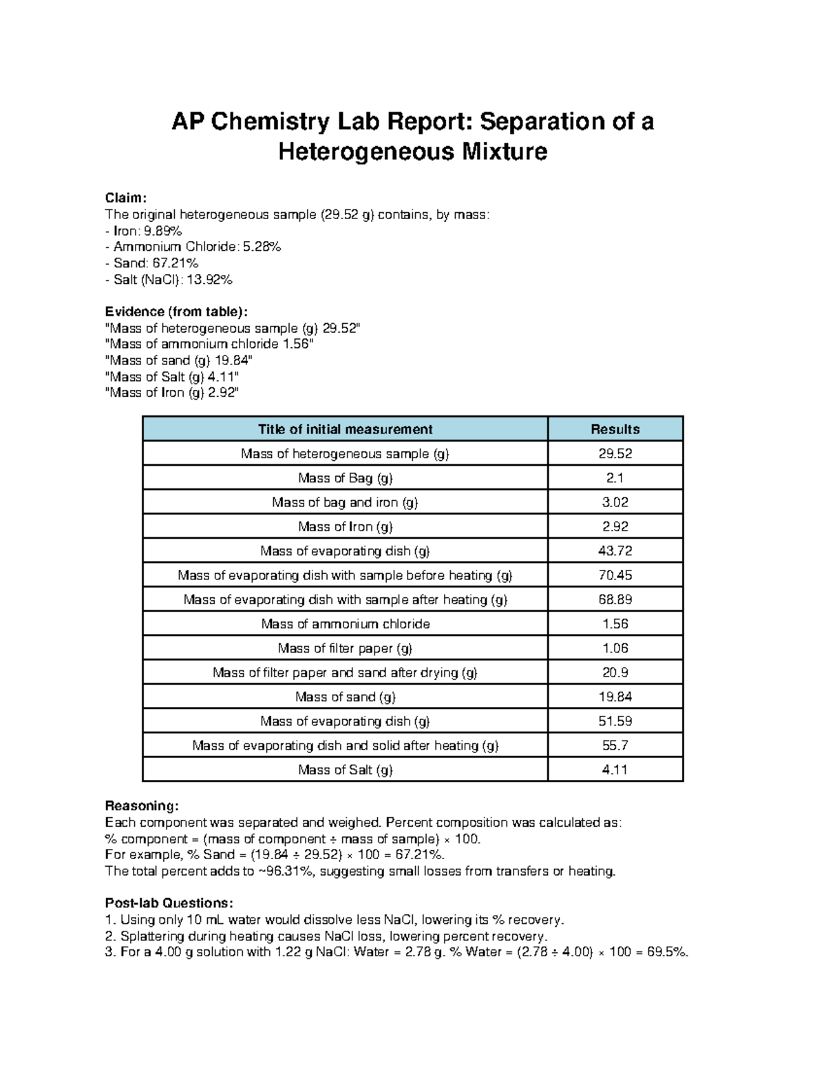 AP Chemistry Lab Report: Separation of Heterogeneous Mixture - Studocu