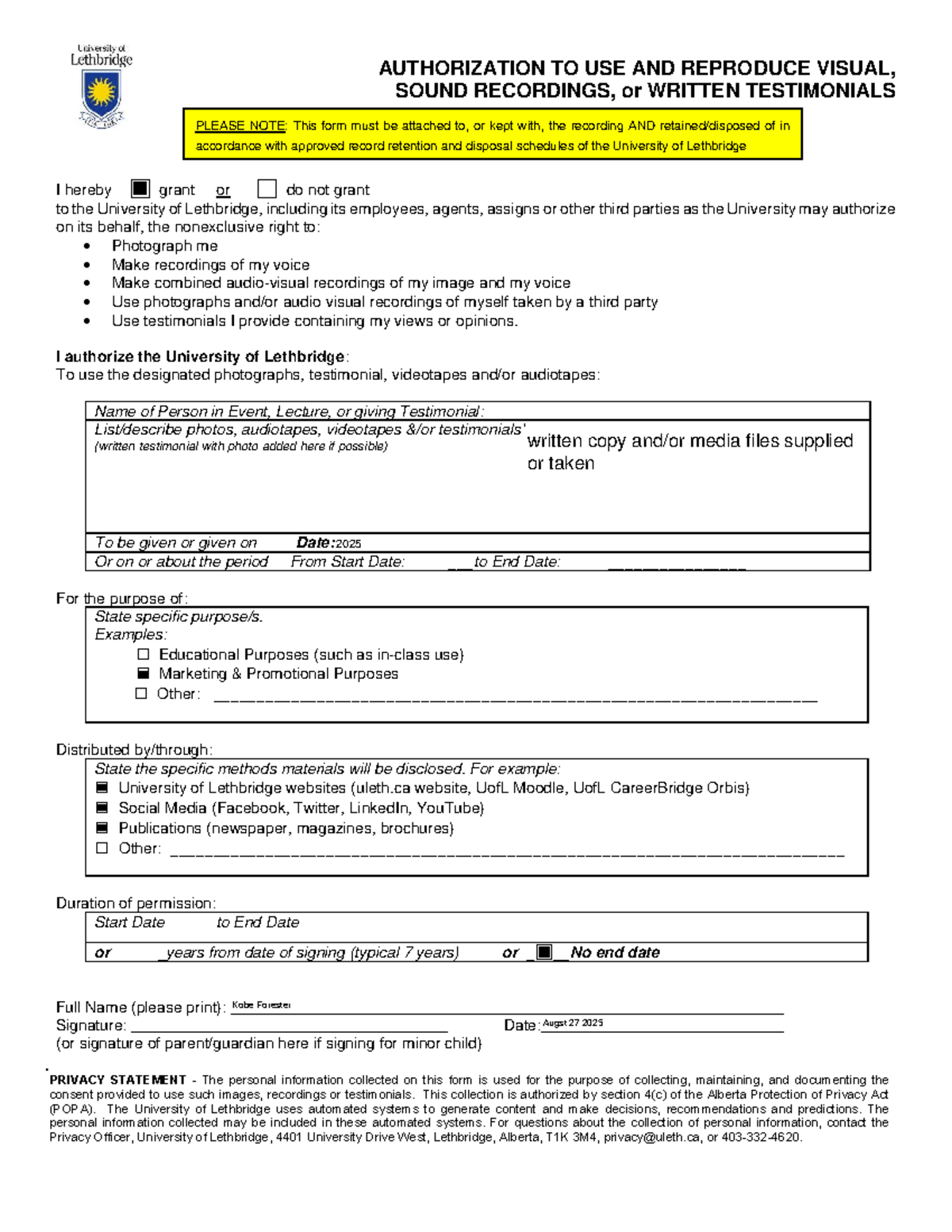 Authorization Form for Use of Visual & Audio Recordings - FOIP-Form- - Studocu