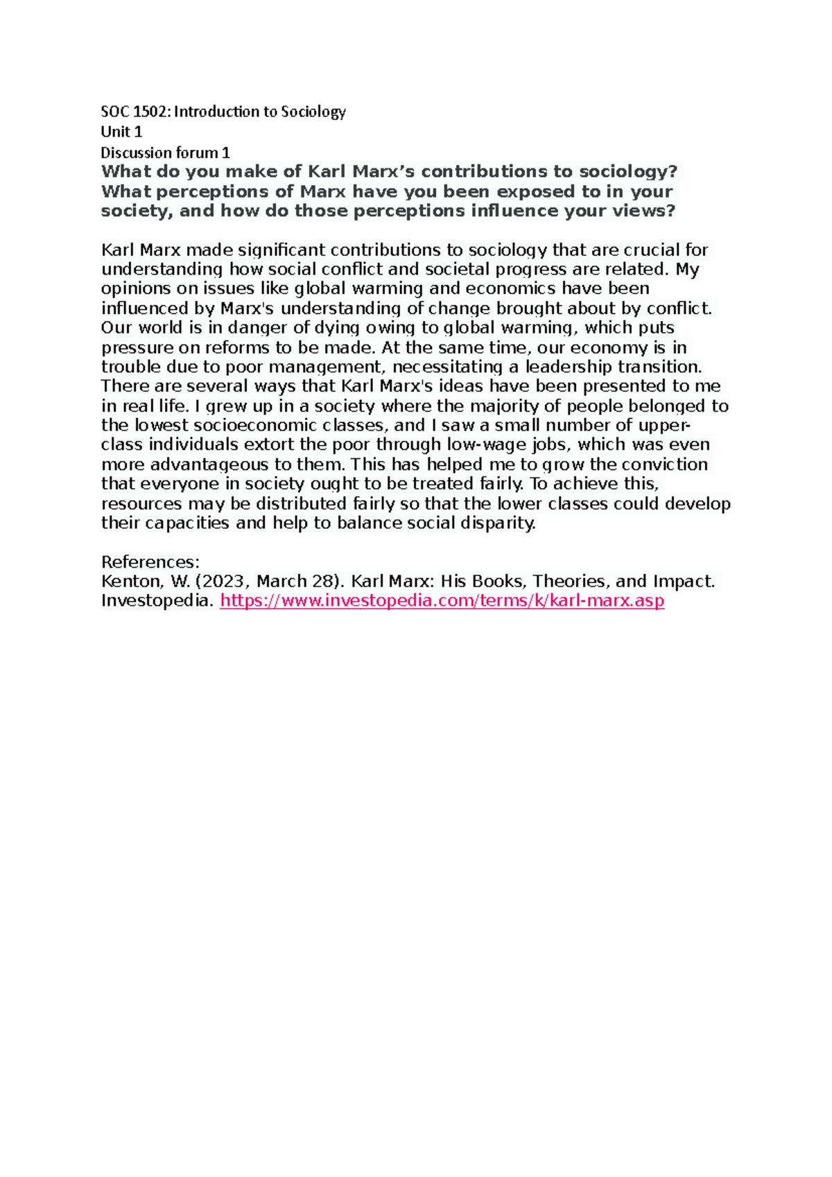 SOC 1502 Discussion Forum Unit 1 - SOC 1502: Introduction to Sociology ...