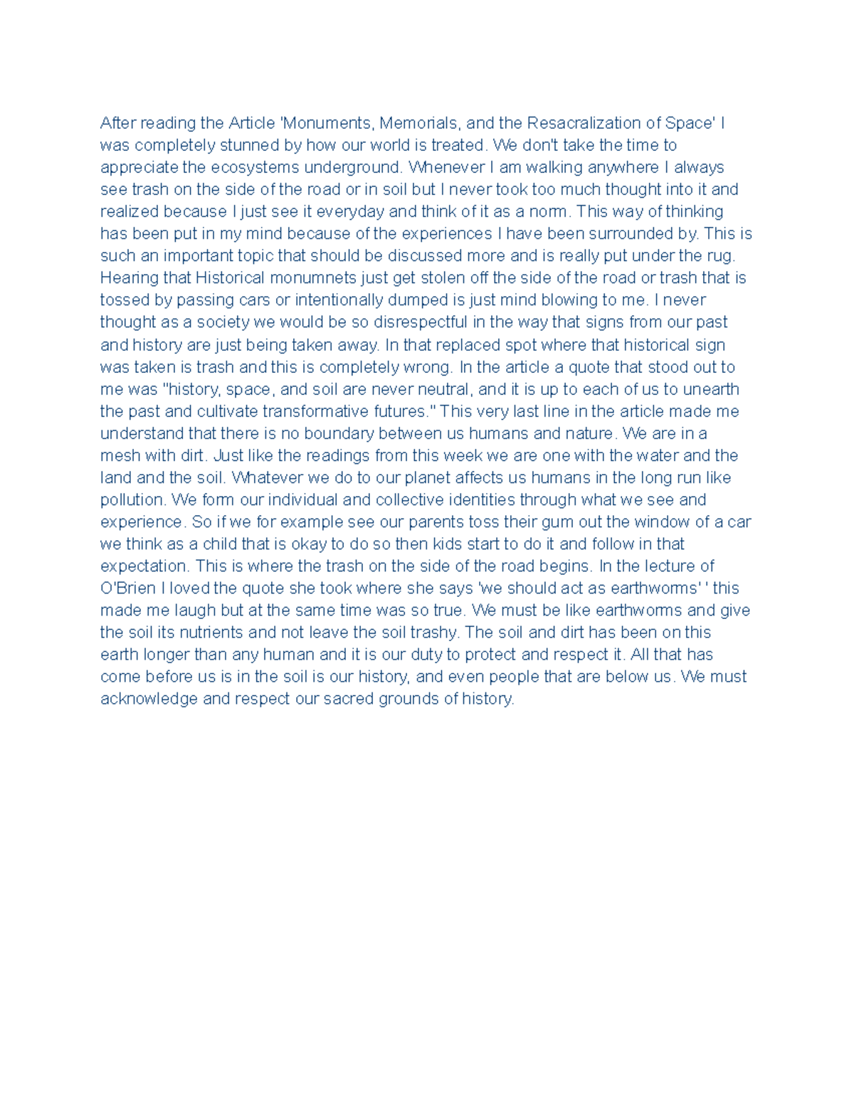 FEB 10 - ESSAY - After reading the Article 'Monuments, Memorials, and ...