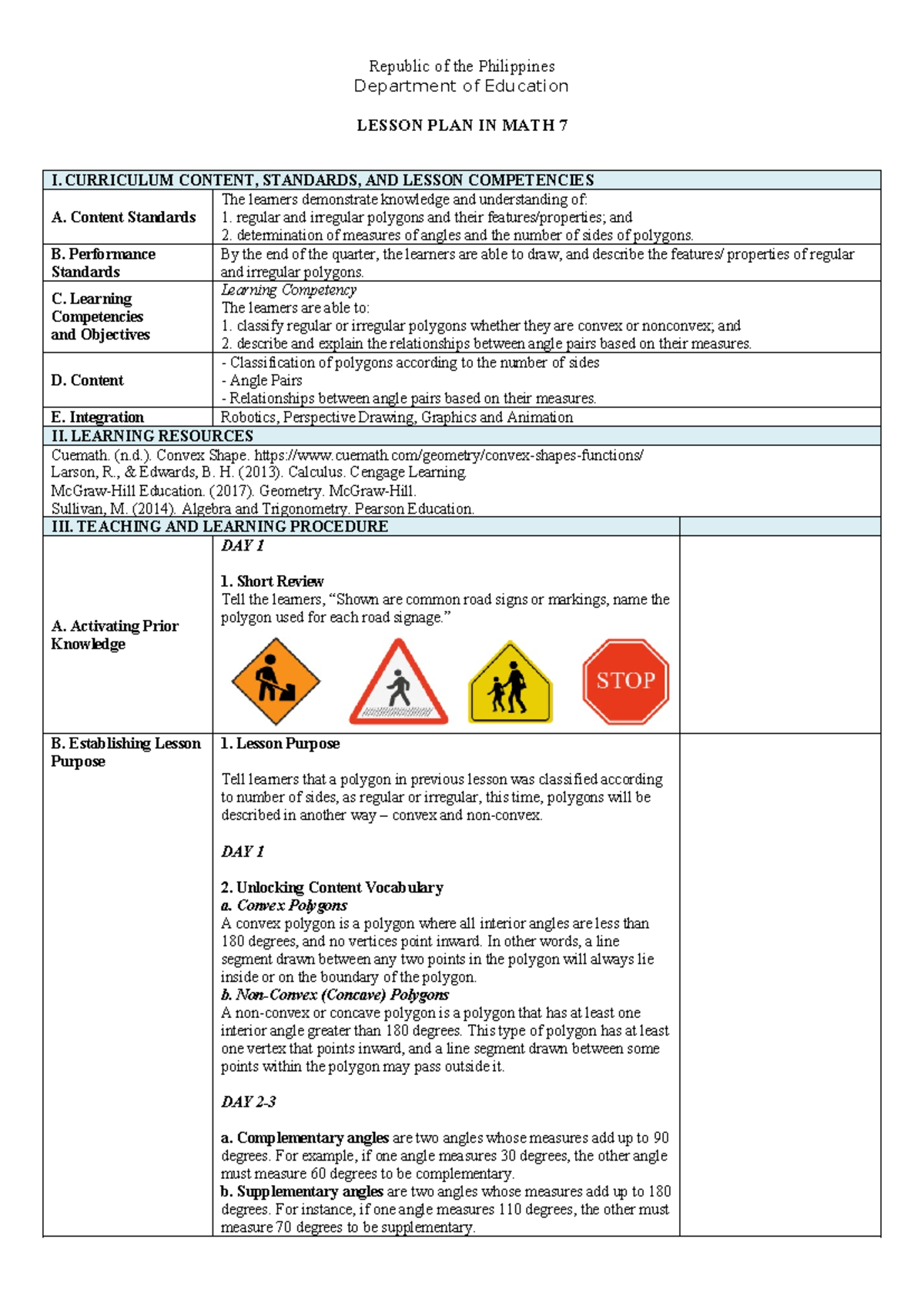 MATH 7 Lesson Exemplar: Understanding Polygons and Angle Pairs - Studocu