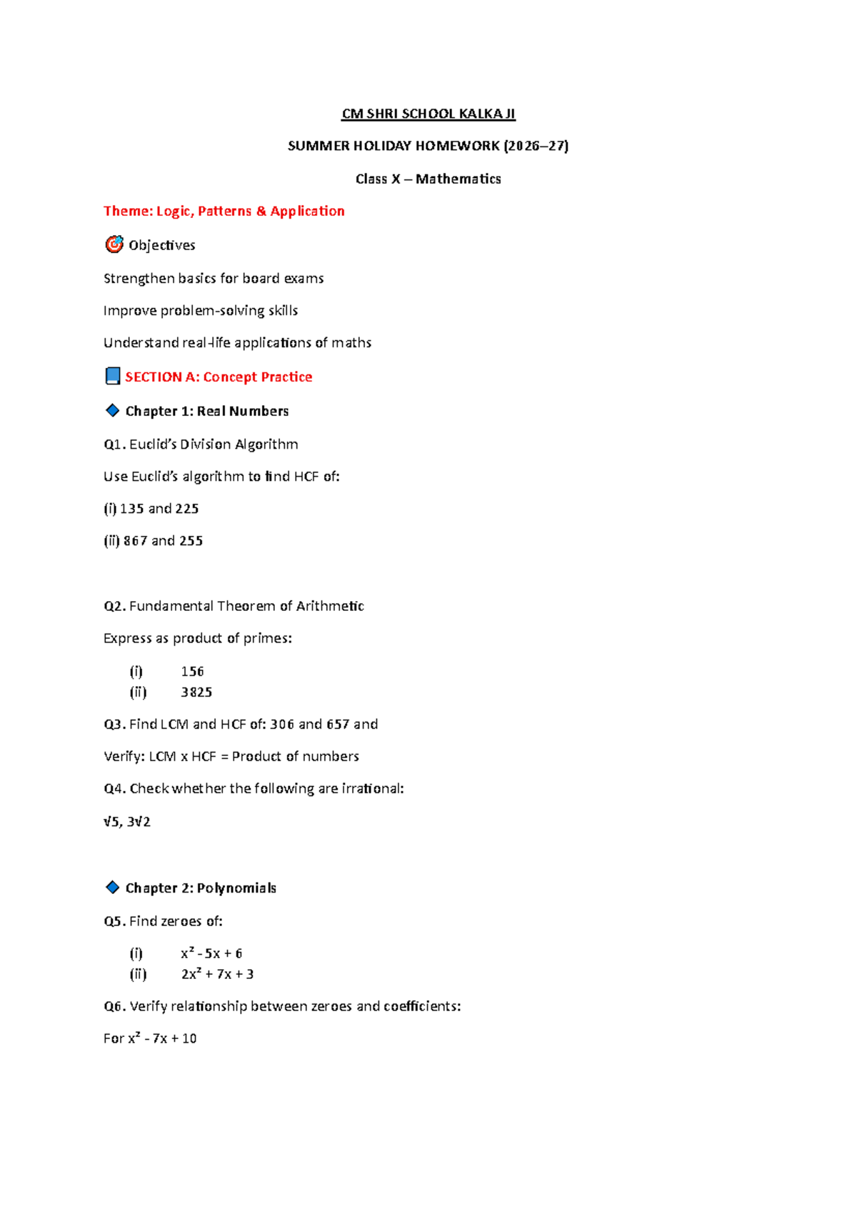 CM SHRI SCHOOL KALKA JI Class X Math Summer Holiday Homework - Studocu