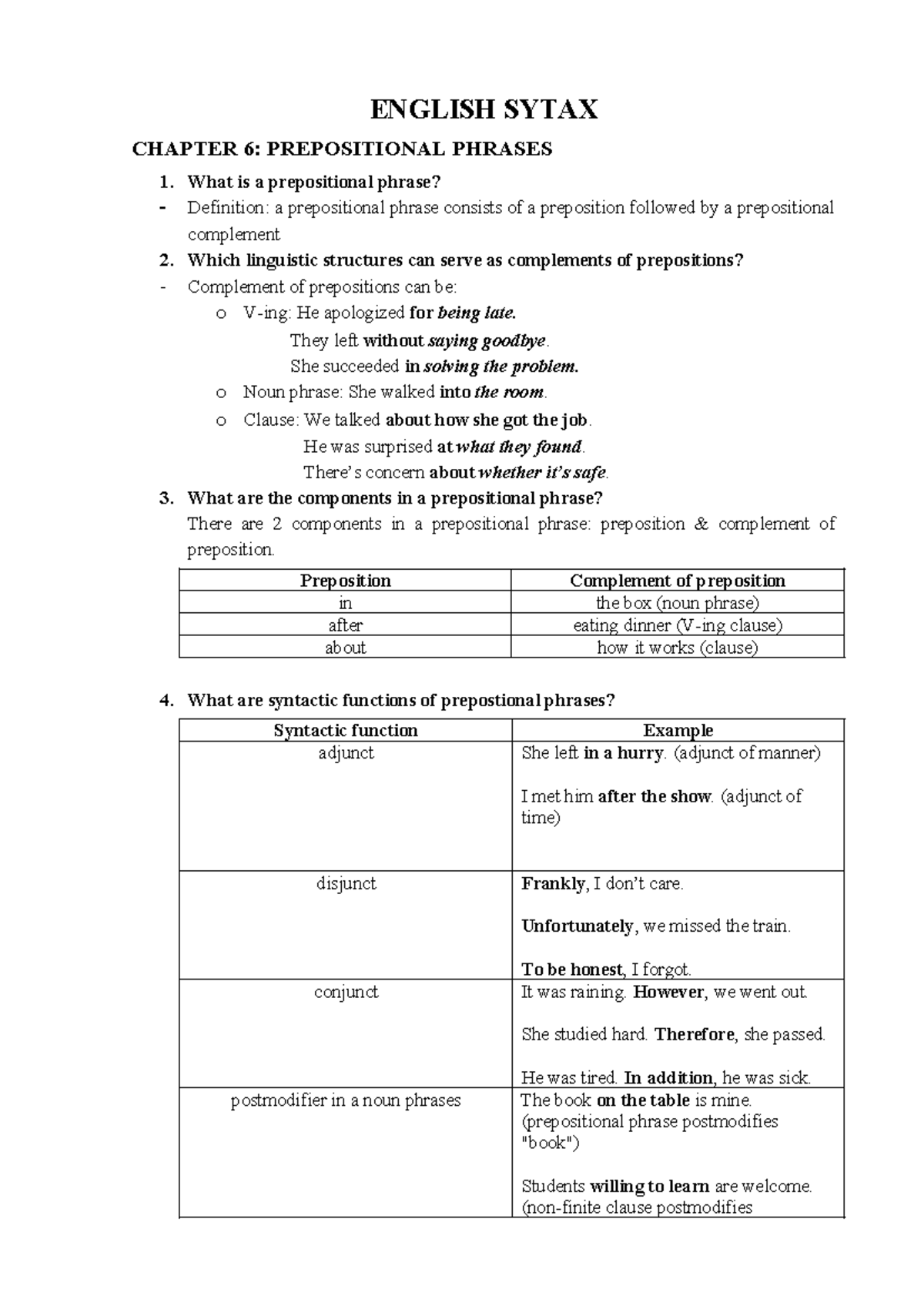 ENGLISH SYNTAX CHAPTER 6: UNDERSTANDING PREPOSITIONAL PHRASES - Studocu