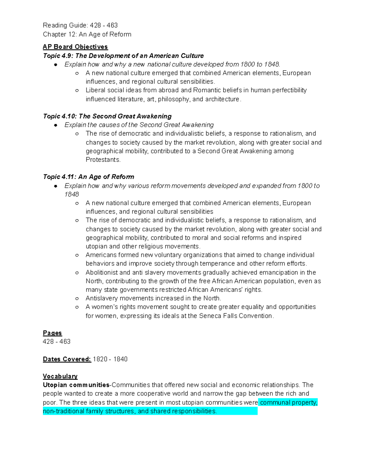 APUSH 12: Guide to An Age of Reform (1820-1840) - Studocu