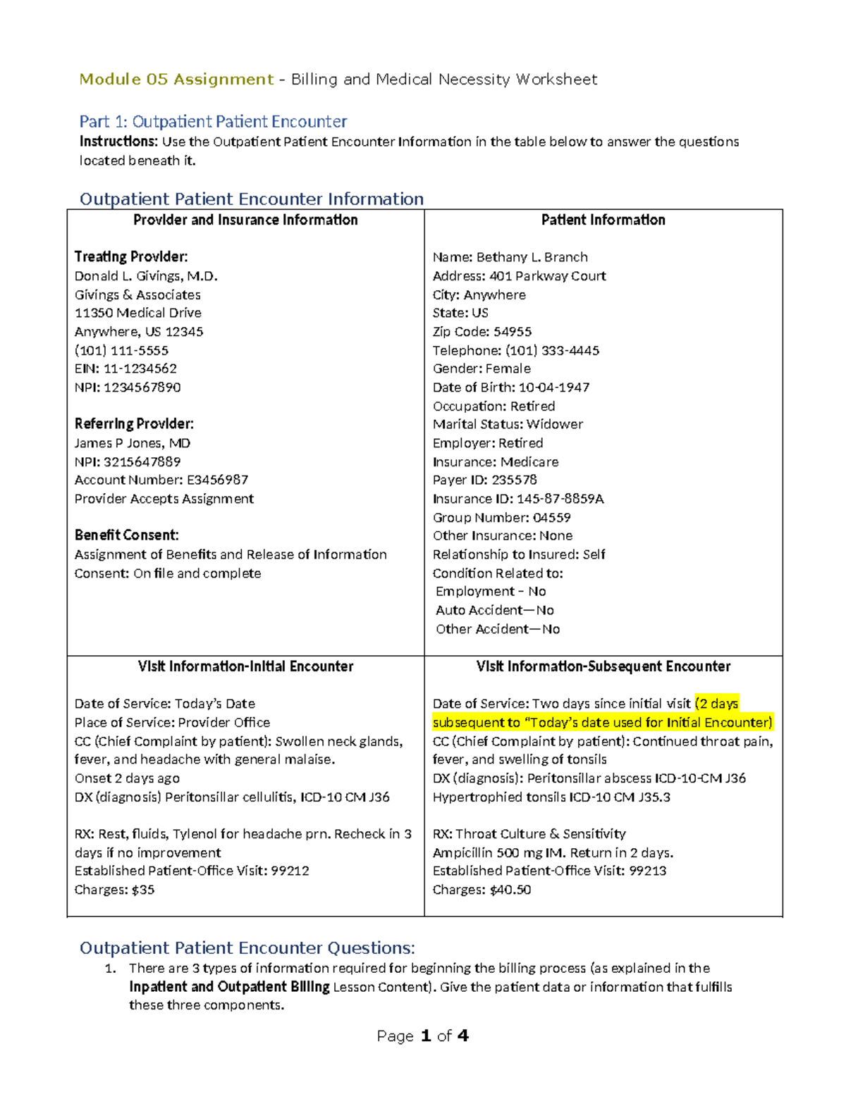 Module 05 - Billing & Medical Necessity Worksheet Activities - Studocu