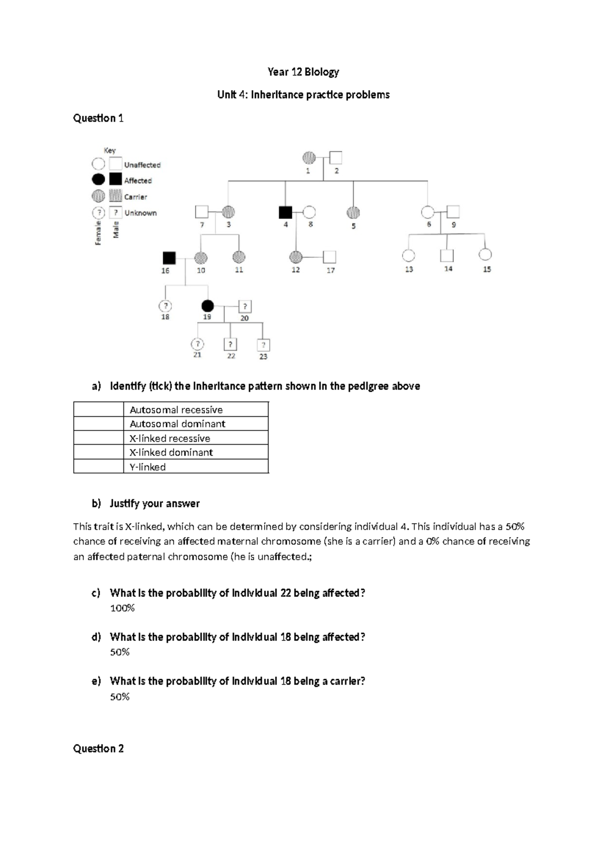 Year 12 Biology Unit 4: Inheritance Practice Problems & Solutions - Studocu