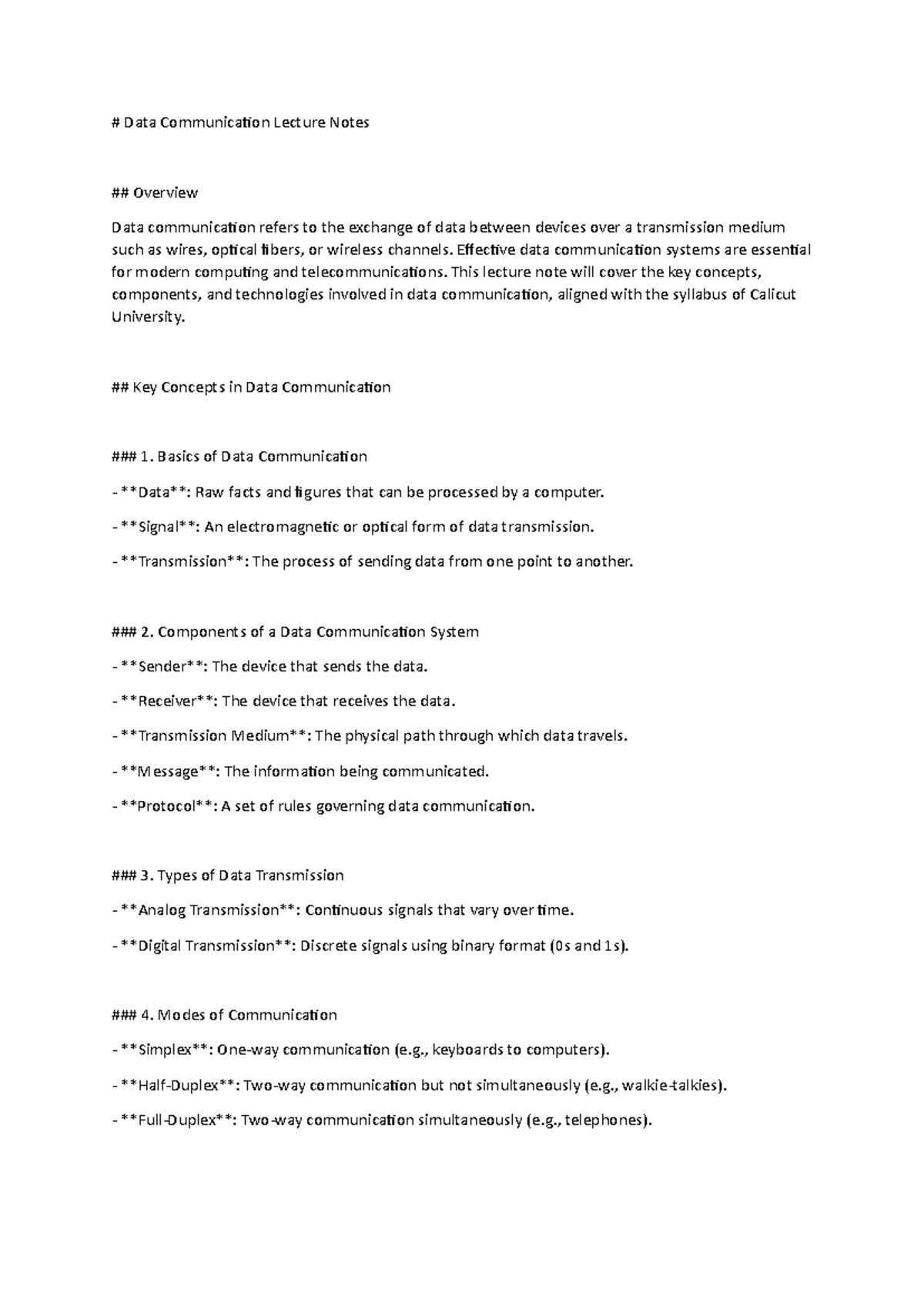 Data Communication Lecture Notes for BCA 101: Key Concepts and ...