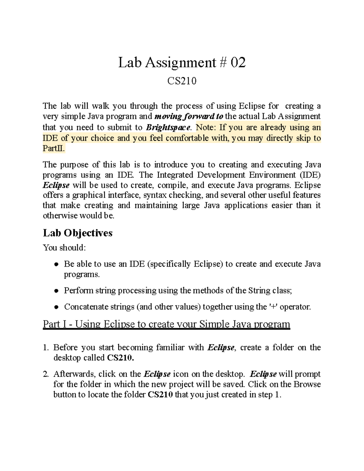 Lab Assignment 02: Java Programming with Eclipse - CS210 - Studocu