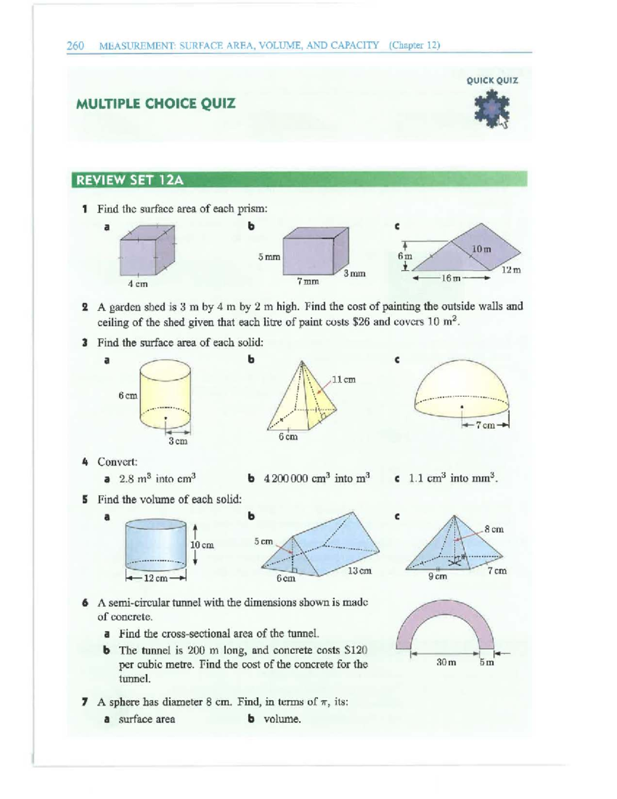 260 MEASUREMENT: SURFACE AREA, VOLUME, AND CAPACITY (Chapter 12) Quiz ...