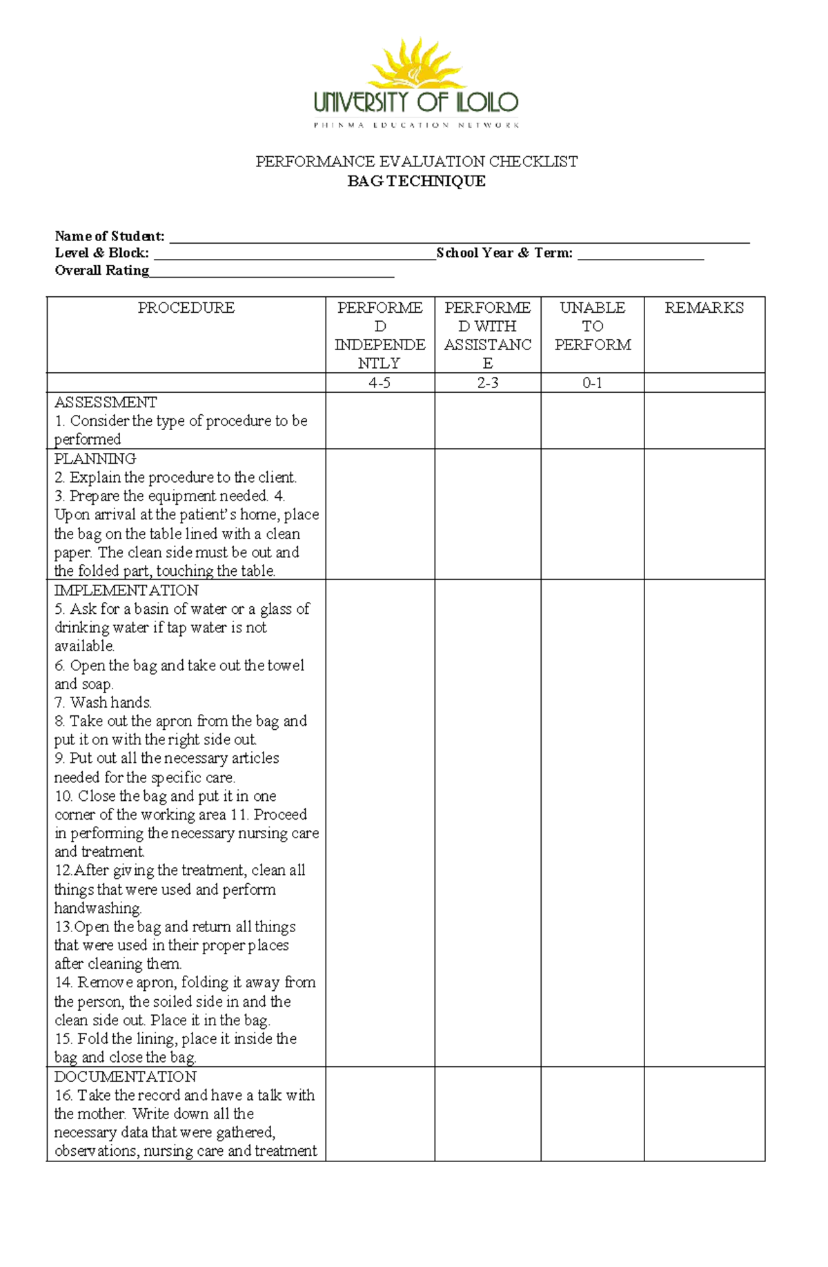 BAG Technique Performance Evaluation Checklist - Nursing Care - Studocu