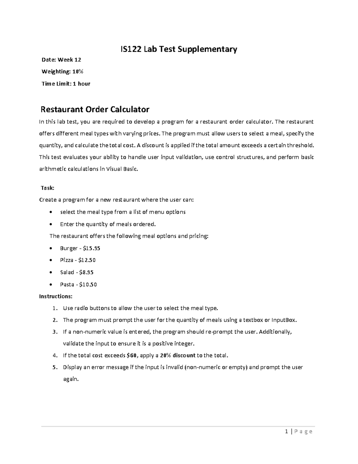 IS122 Lab Test: Restaurant Order Calculator Instructions - Studocu