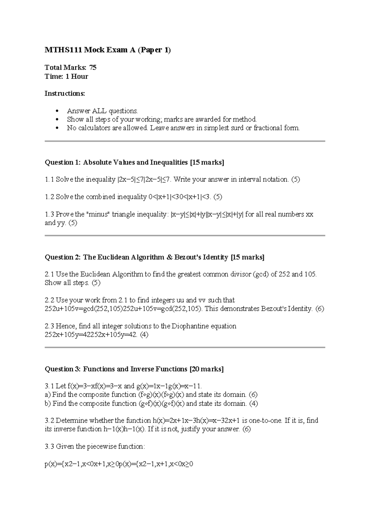 MTHS111 Mock Exam A Paper 1 Review 2026 - Studocu