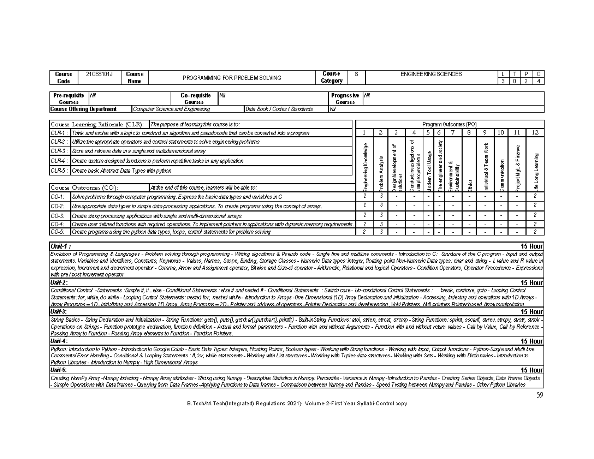 Programming for Problem Solving Syllabus 21CSS101J - B.Tech 1st Year ...