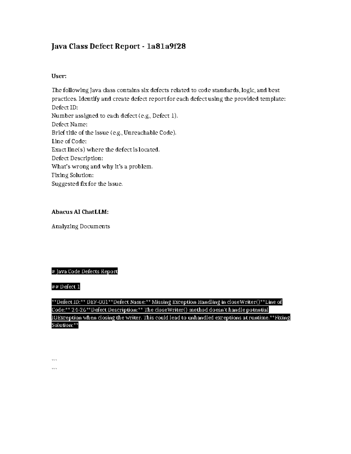 Conversation - Java Class Defect Report - 1a81a9f User: The following ...