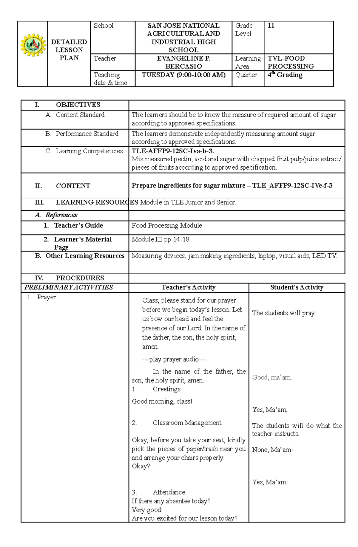 TVL DEMO 11 - dll - DETAILED LESSON PLAN School SAN JOSE NATIONAL ...