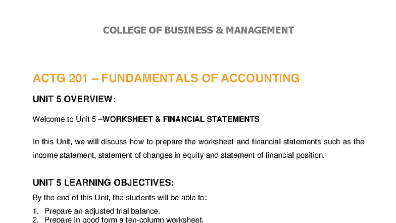 ACTG 201 Unit 5: Worksheet & Financial Statements Overview - Studocu