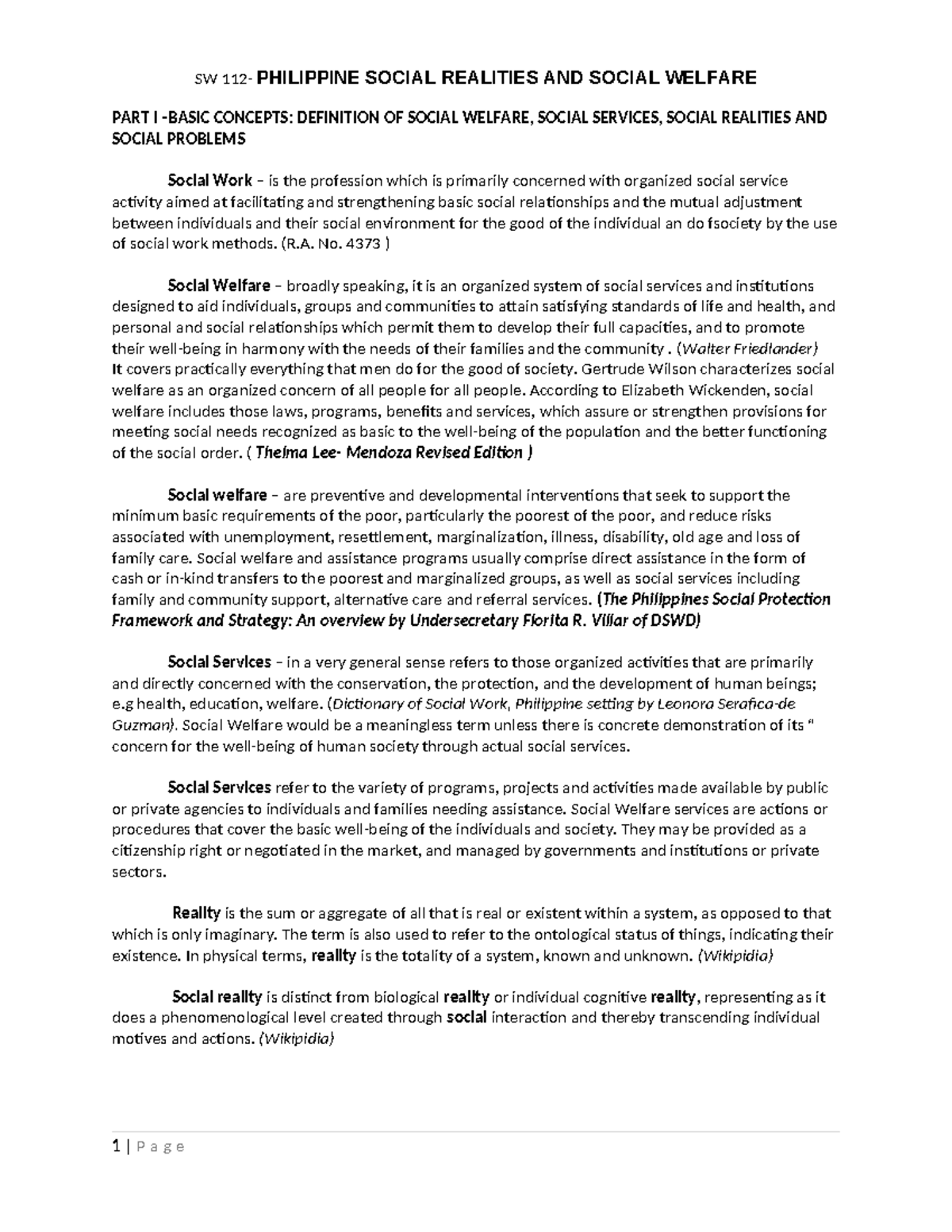 SW-112 Philippine Social Realities & Welfare: Concepts & Issues - Studocu