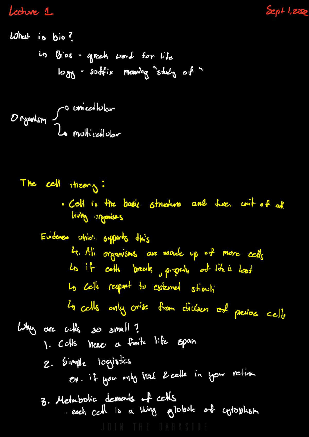 Bio lecture -1 - JOIN THE DARKSIDE Lecture 1 Sept1, what is bio his ...