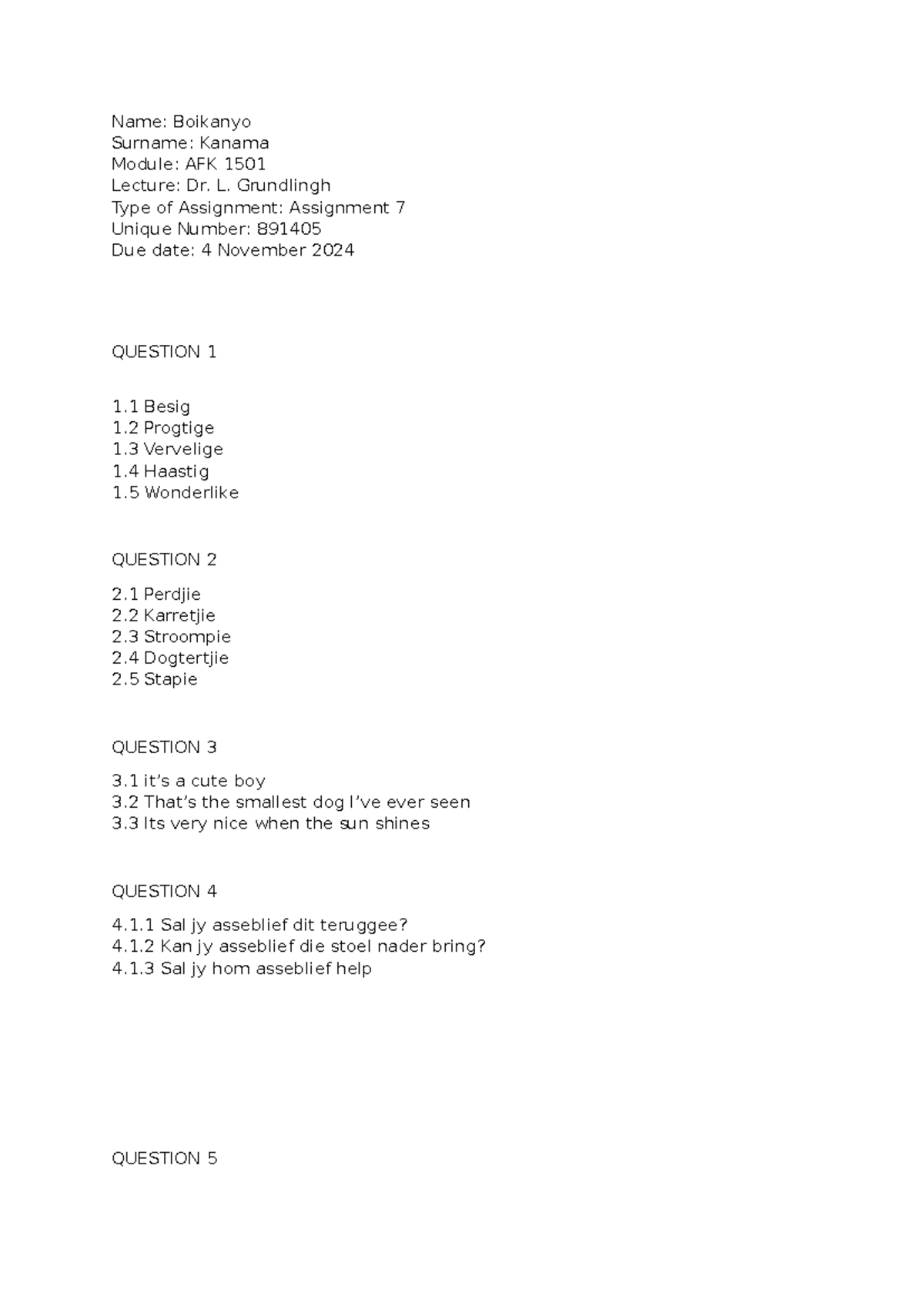 AFK 1501 Assignment 7: Language Exercises and Questions - Studocu