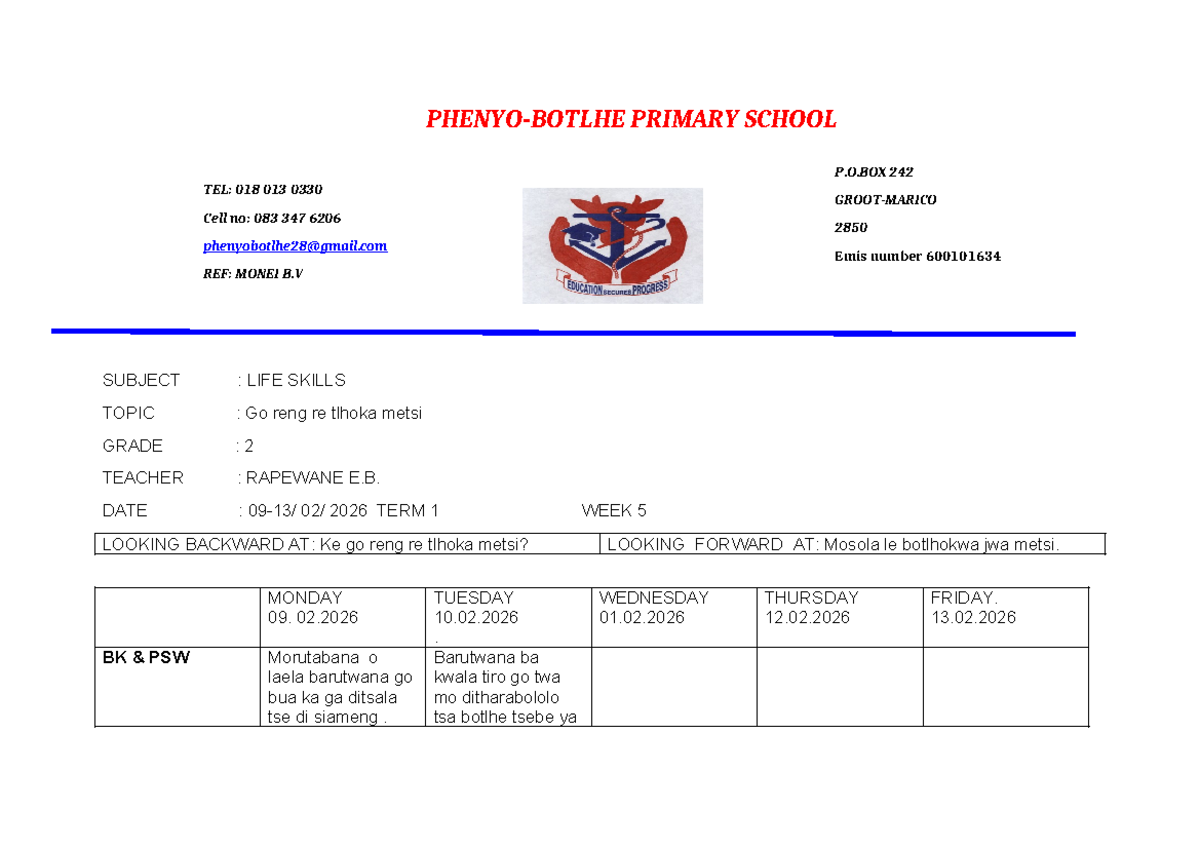 LIFE SKILLS GRADE 2 LESSON PLAN: Go reng re tlhoka metsi - Studocu