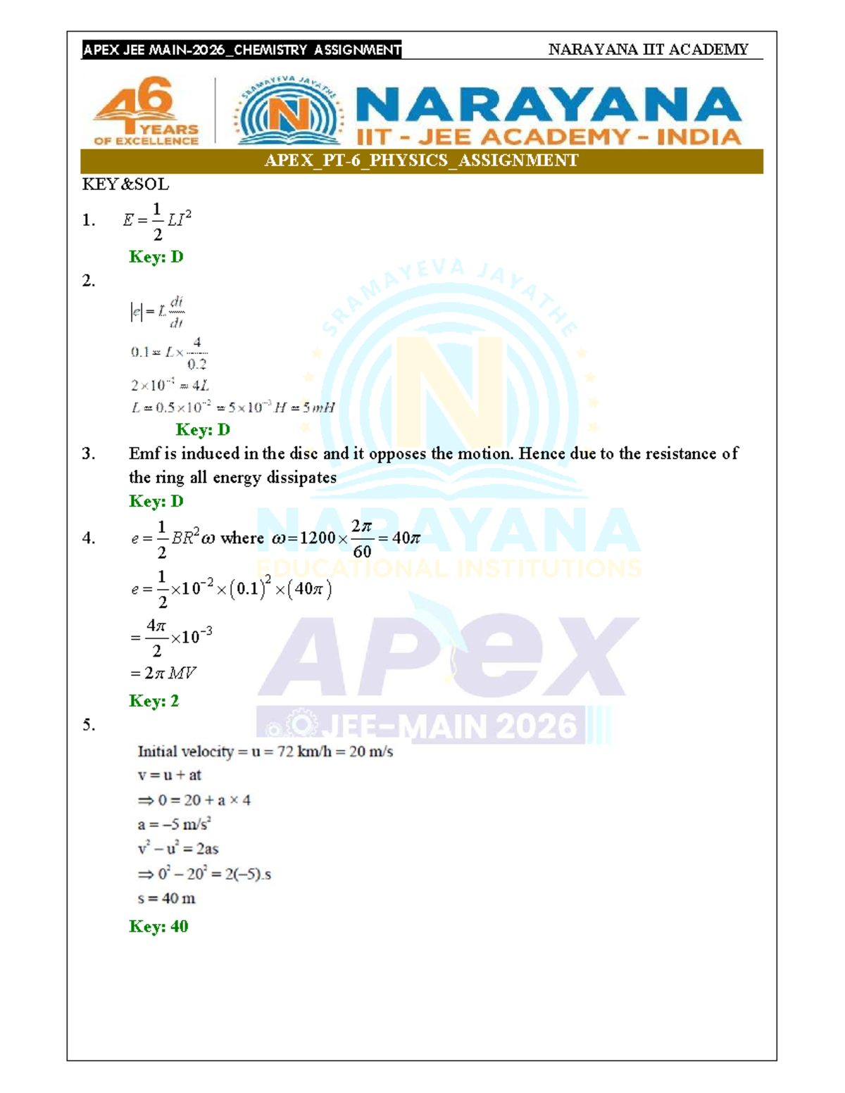 APEX JEE MAIN 2026 Physics PT-6 Assignment Key & Solutions - Studocu