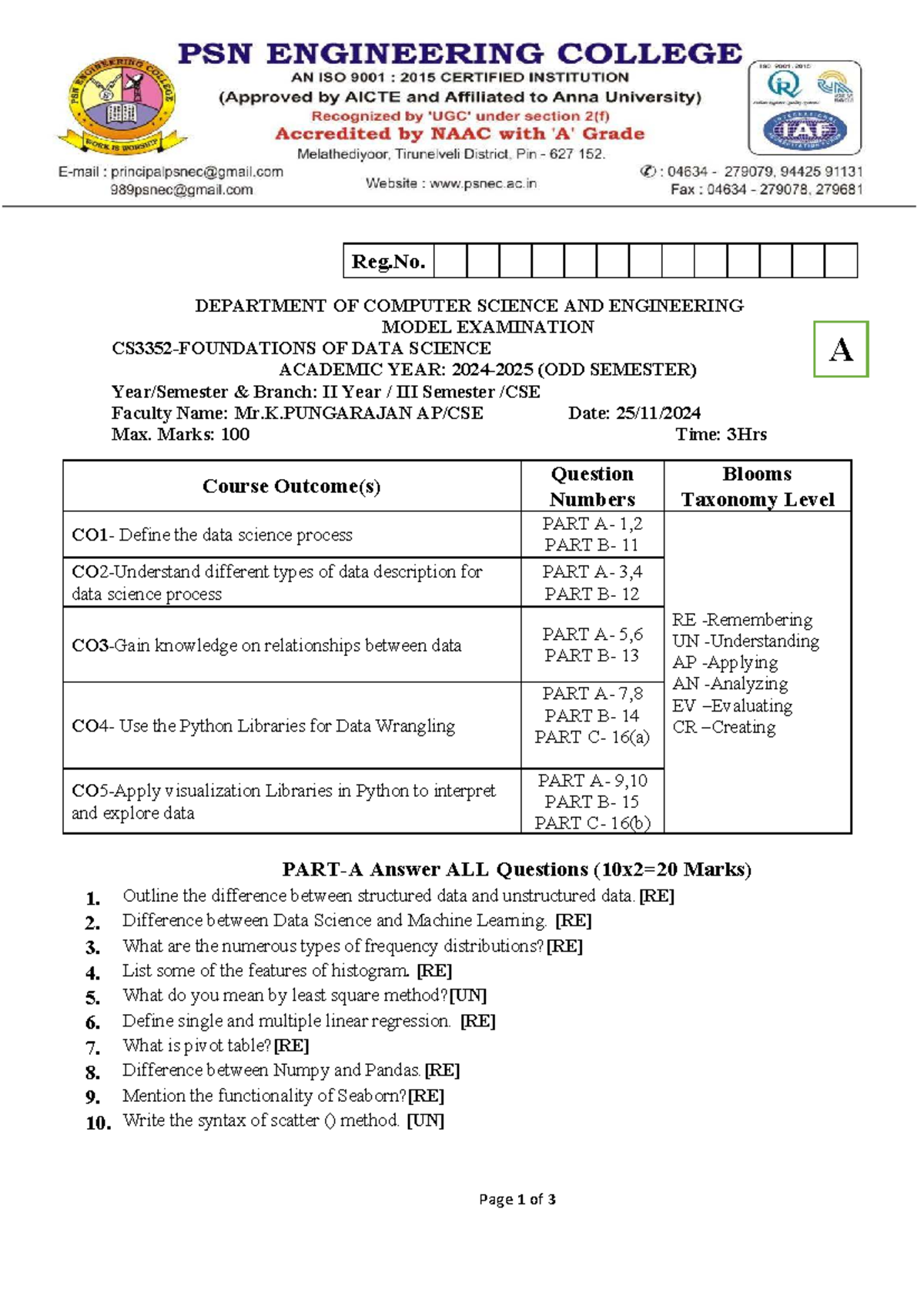 Model Exam: Data Science (CSE 202) - Odd Semester 2023 - Studocu