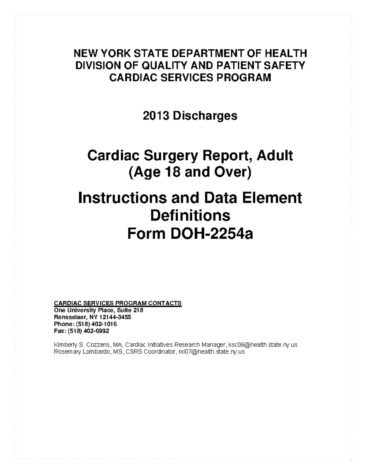NYS DOH Cardiac Services Program 2013 Adult Surgery Report Instructions ...