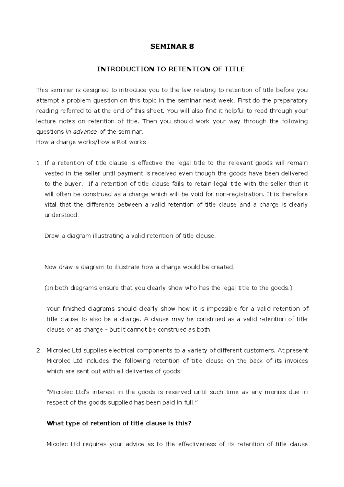 Retention of Title: Seminar 8 Overview and Effective Clauses - Studocu