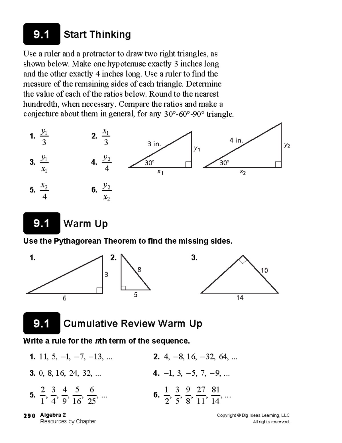 Algebra 2: Worksheet 9.1 - Right Triangles & Trigonometric Functions ...