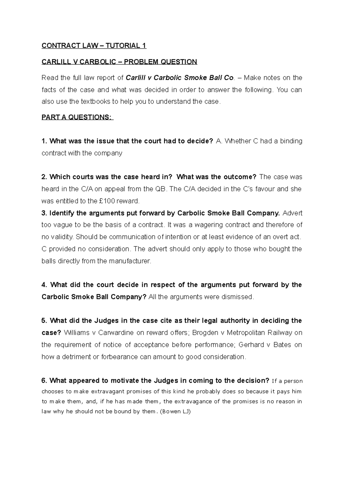 Contract Law Tutorial 1 & 2: Key Case Notes and Problem Questions - Studocu