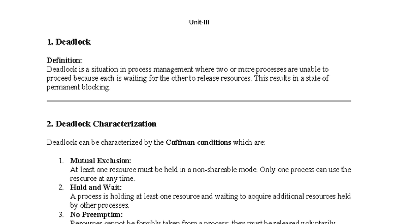 Unit-III: Deadlock Concepts and IPC Methods Summary - Studocu