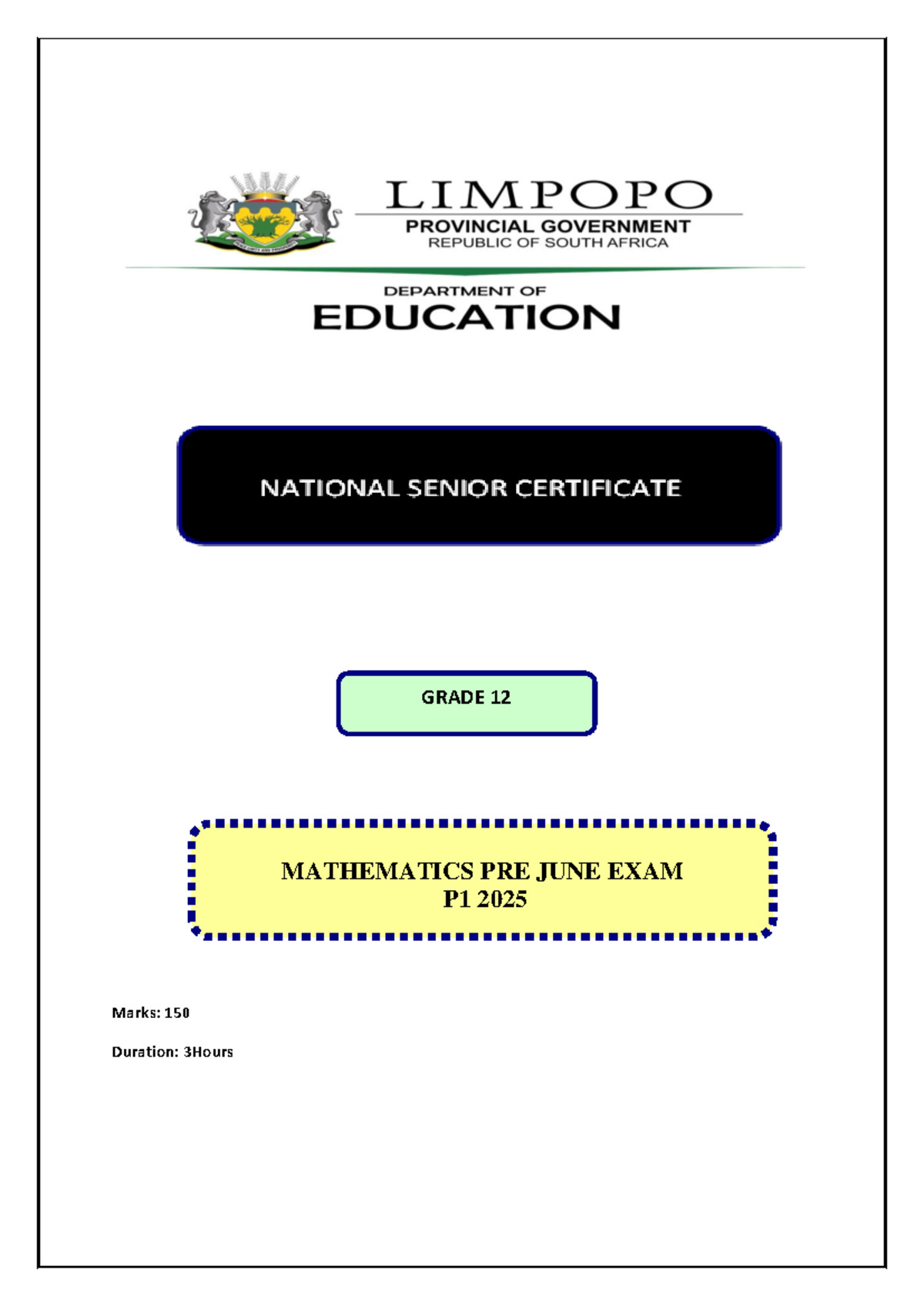 GRADE 12 MATHEMATICS PRE JUNE EXAM P1 2025: Instructions & Info - Studocu