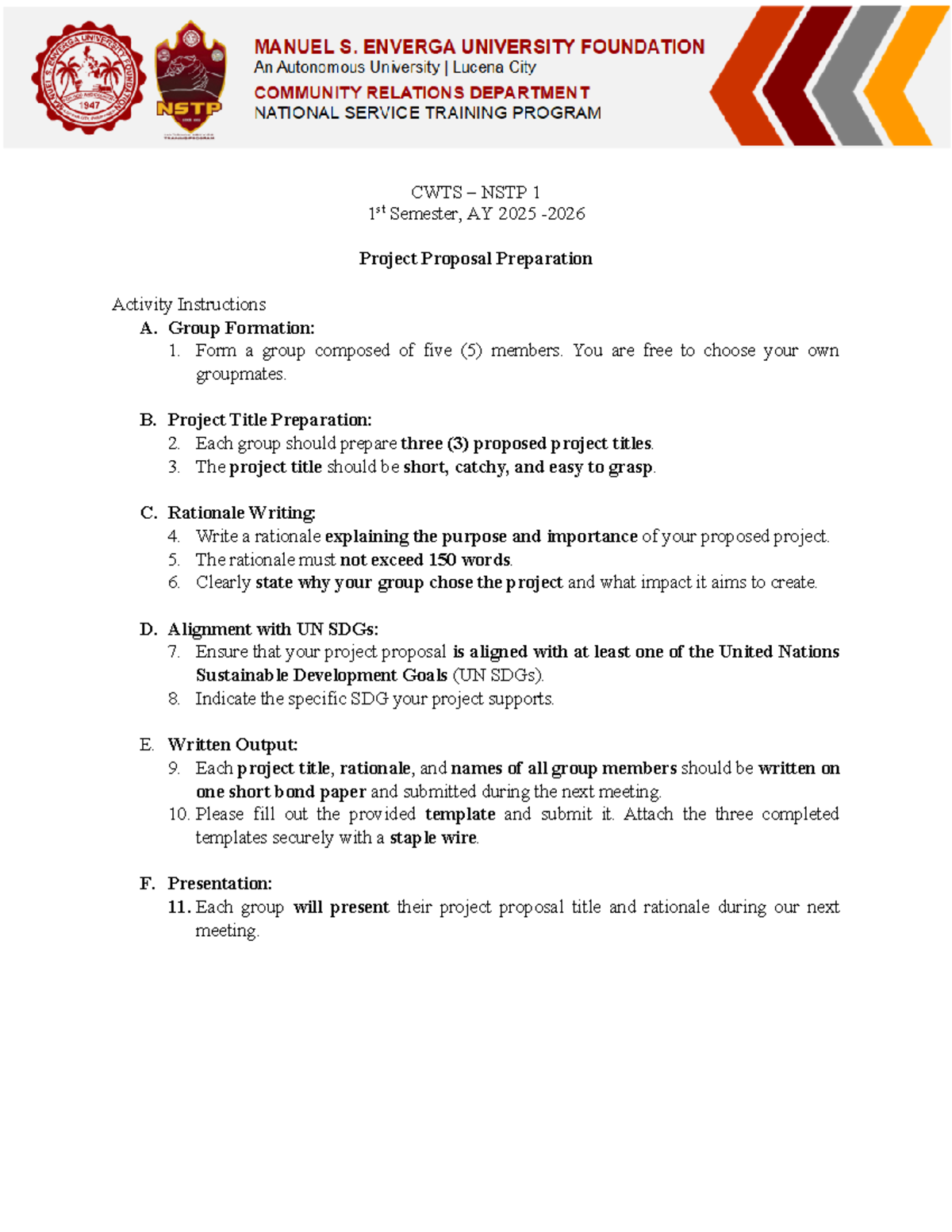 CWTS NSTP 1 Project Title Proposal Template for AY 2025 - Studocu