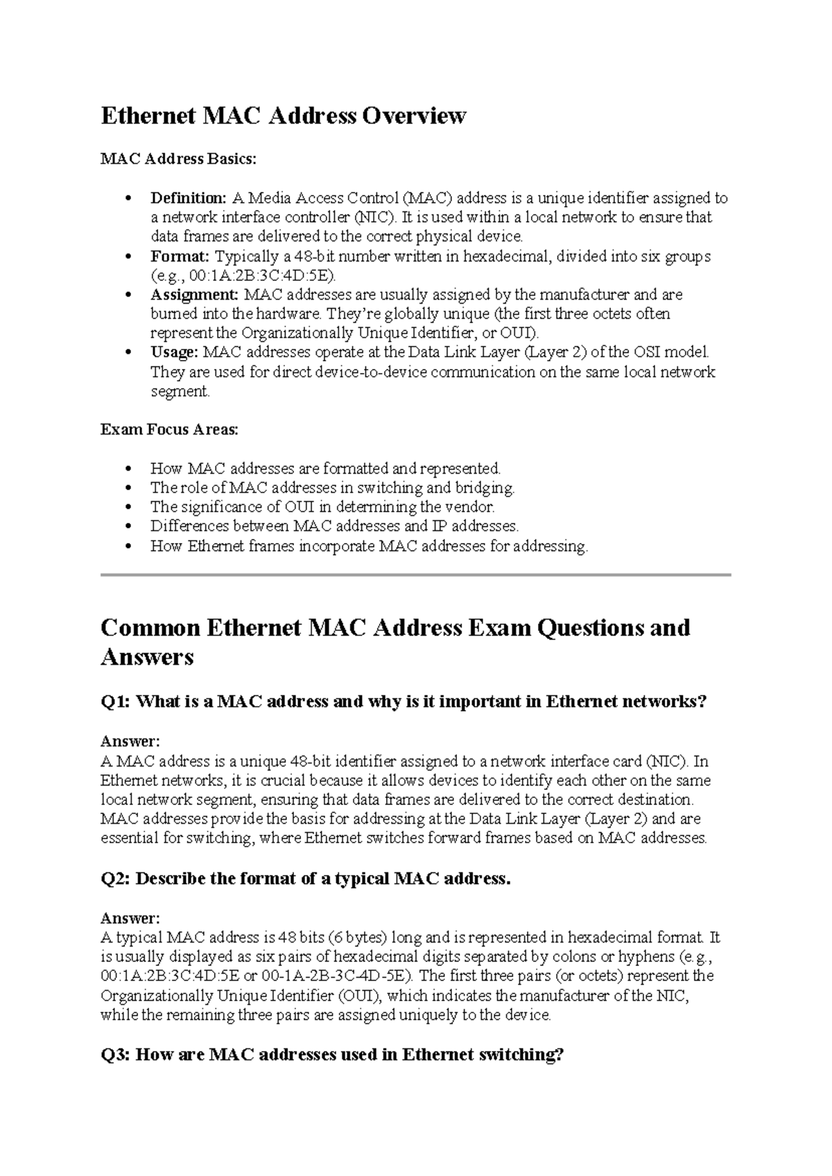Ethernet MAC Address Overview: Key Concepts and Exam Q&A - Studocu
