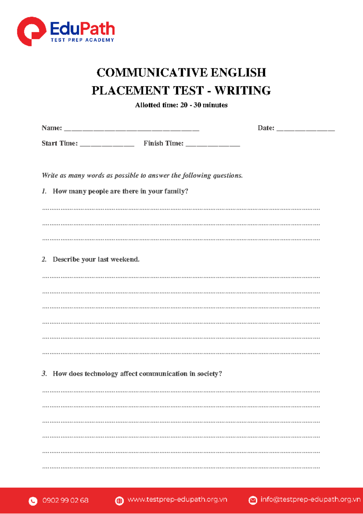 CE Placement Test Writing - COMMUNICATIVE ENGLISH PLACEMENT TEST ...