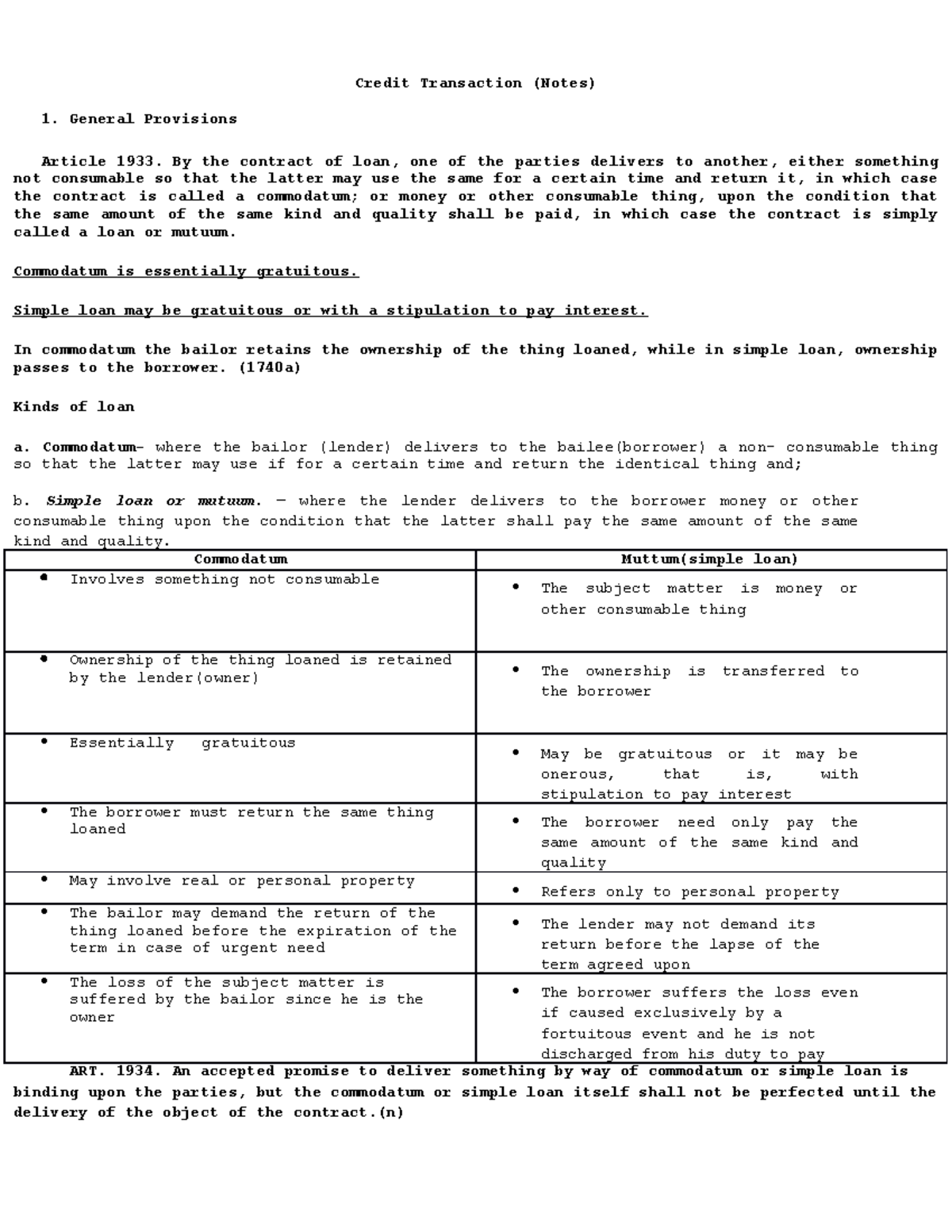Credit Transaction Notes 2: Understanding Commodatum and Mutuum - Studocu