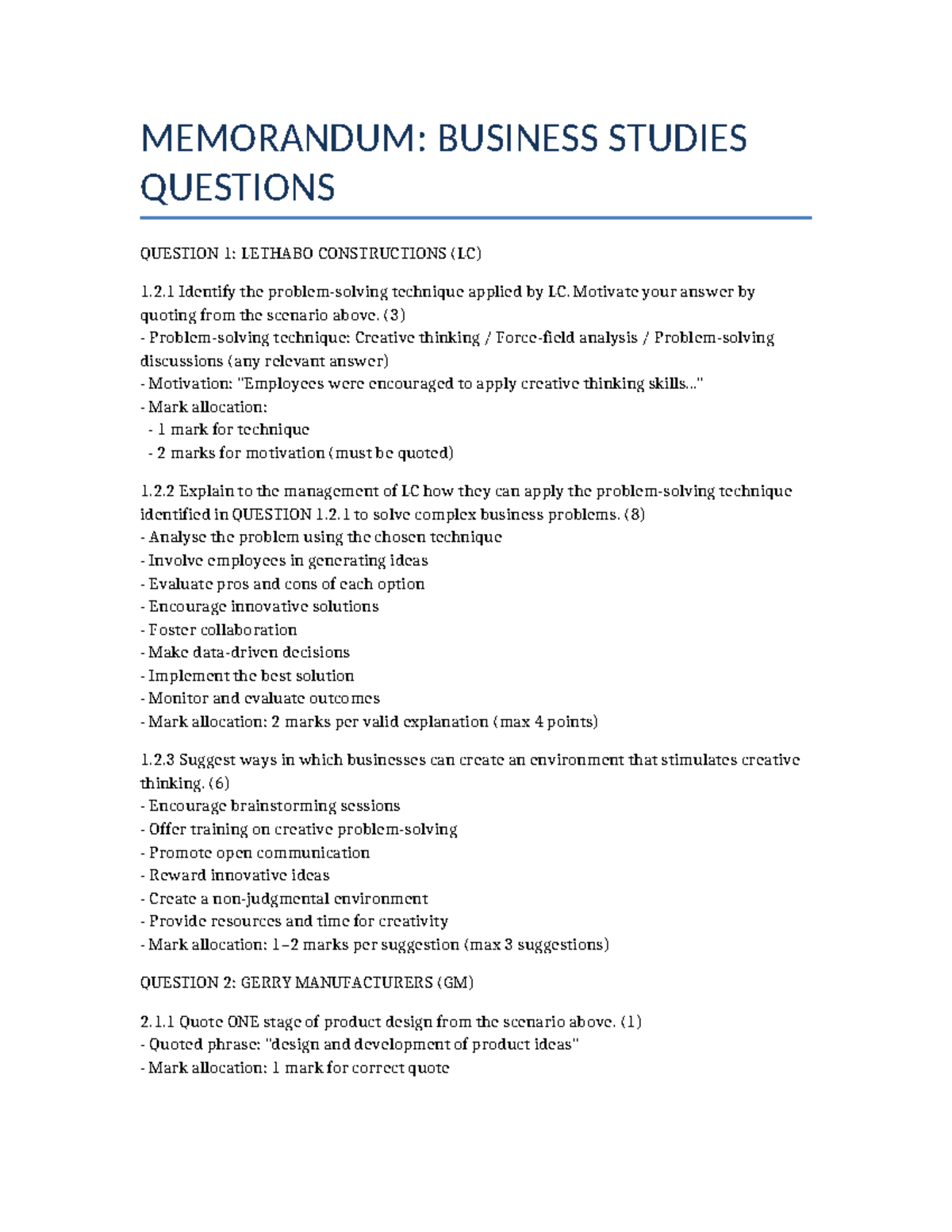 Business Studies Memo: Techniques for Creative Problem Solving (Hdy ...