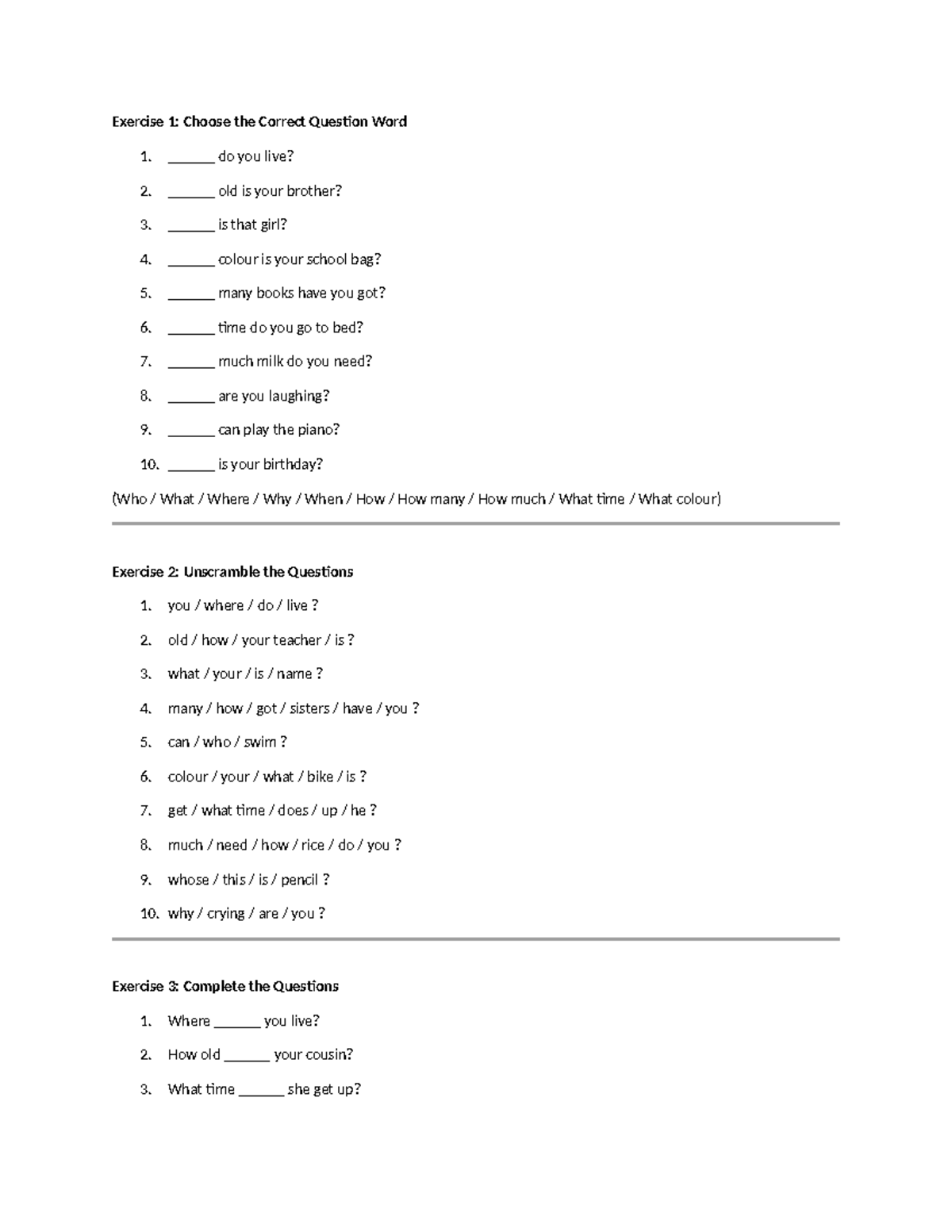 English Worksheet: Question Words & Answers Exercises (21) - Studocu