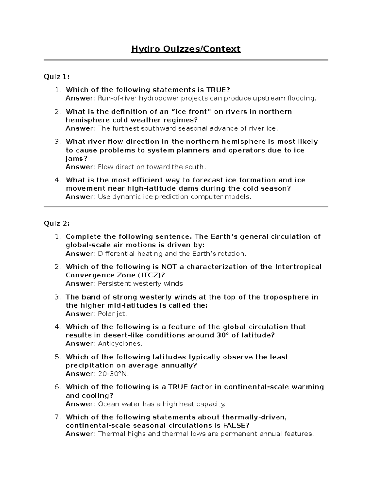 Hydro Quizzes - Hydro Quizzes/Context Quiz 1: 1. Which of the following ...